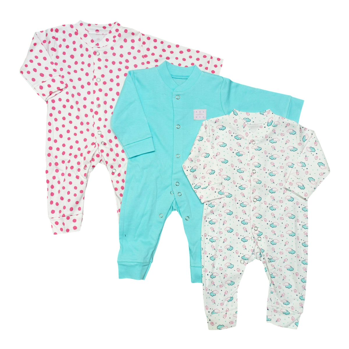 SB - Pack of 3 Sleep Suits - Pink & Green Clouds– Superior Babies